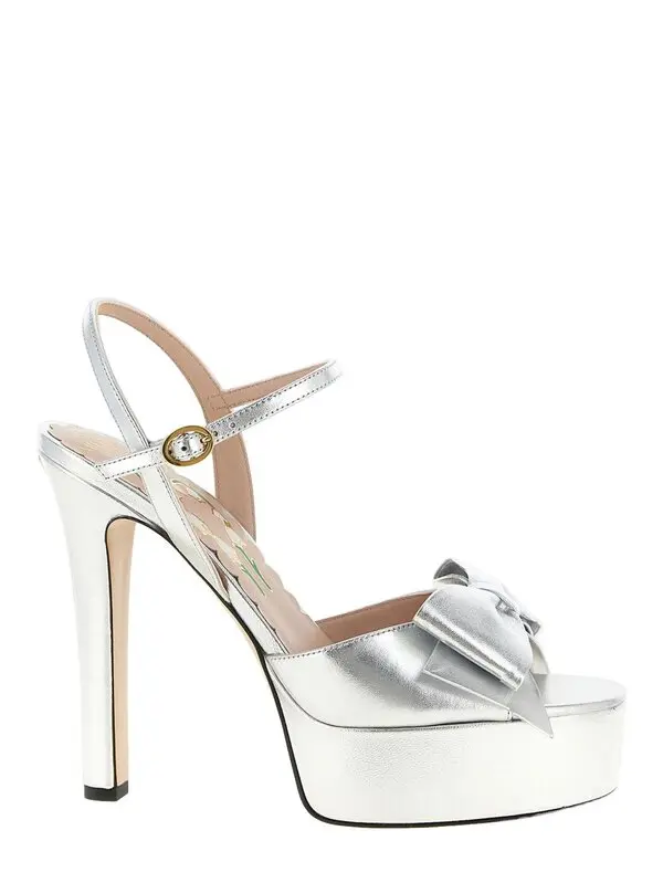 Valentino Garavani Laminated Leather Platform Sandals With Bow - Silver