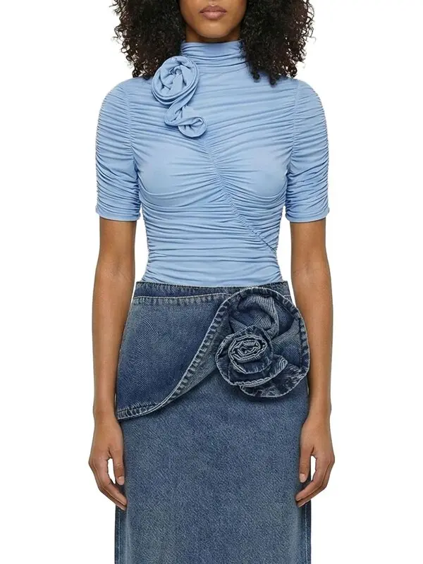 Magda Butrym Ruched Mock Neck Top With Floral Appliqu - Blue