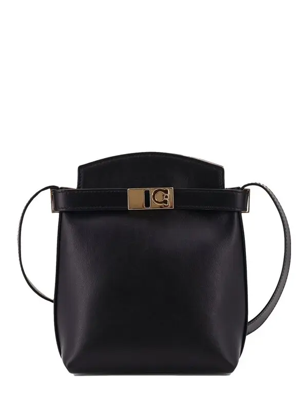 FERRAGAMO Mini Calfskin Leather Bucket Bag With Gancini Logo - Black