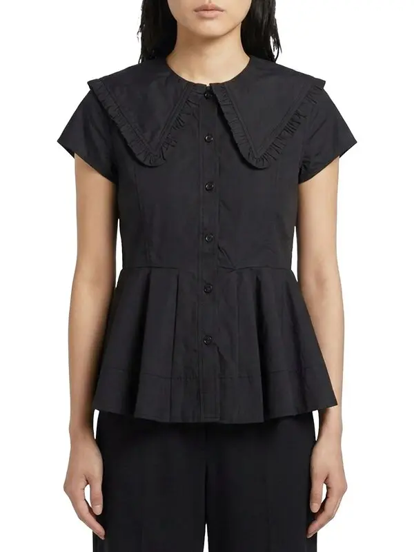 GANNI Peplum Shirt With Frill Collar - Black