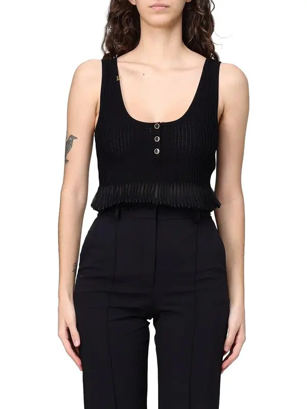 Elisabetta Franchi Knitted Cropped Top With Frilled Hem - Black