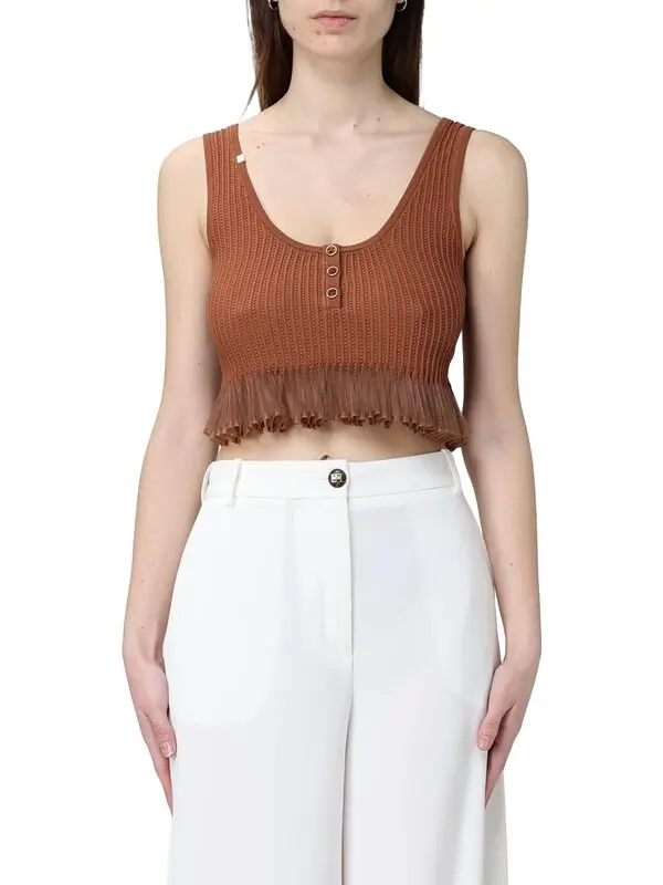 Elisabetta Franchi Knitted Cropped Top With Embroidered Details - Brown