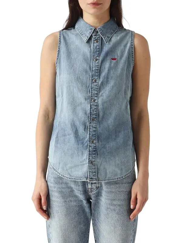 DIESEL® De-eazy Sleeveless Cotton Shirt With Embroidered Logo - Denim