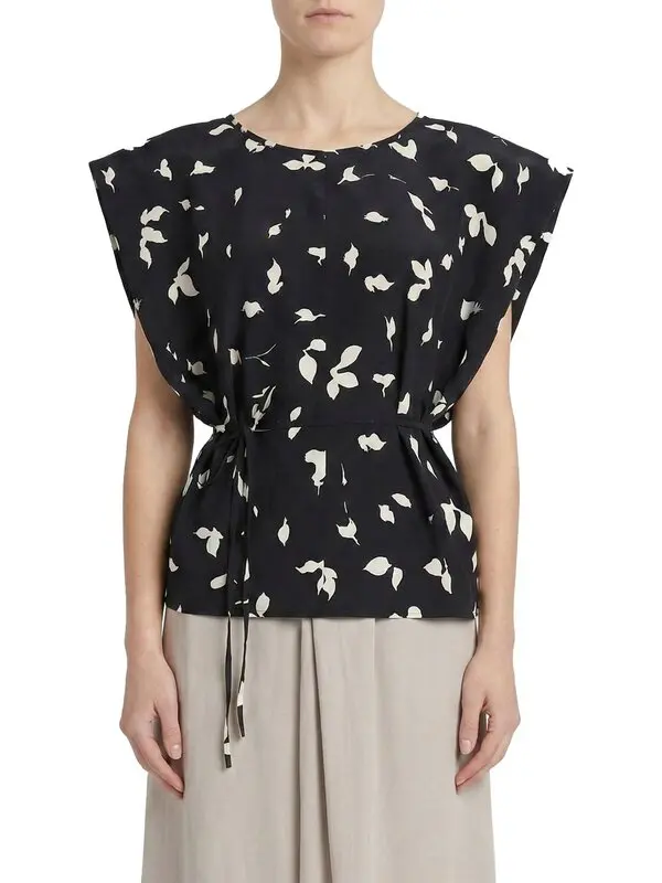 ALYSI Patterned Cotton Top With Sash Belt - Black