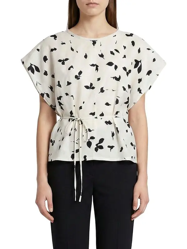 ALYSI Patterned Cotton Top With Sash Belt - White