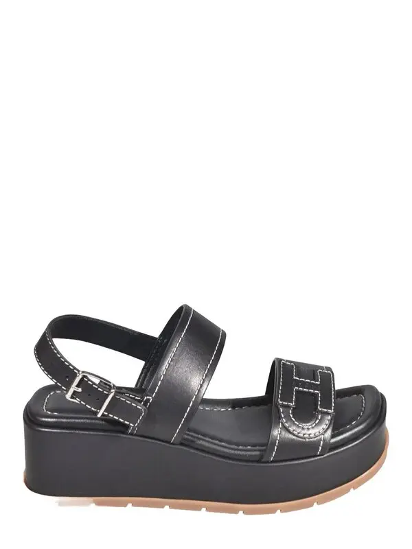 Hogan Leather Wedge Sandals With Embroidered Logo - Black