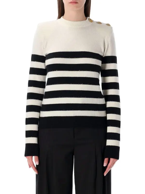 Balmain Striped Fine Knit Jumper With Button Detail - Beige