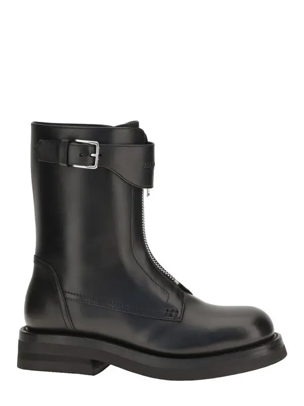 Alexander McQueen Calfskin Biker Boots With Zip And Adjustable Strap - Black