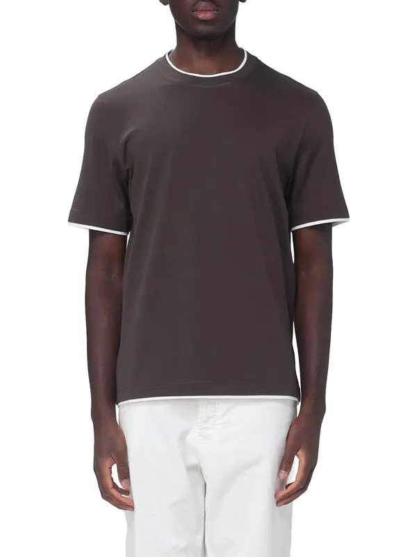 Brunello Cucinelli Crewneck Cotton T-shirt With Contrast Trims - Brown