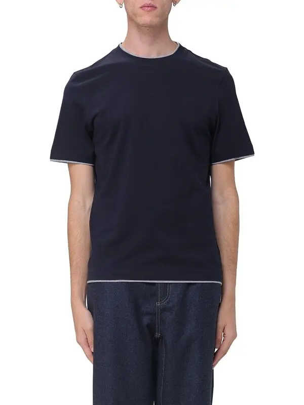 Brunello Cucinelli Crewneck Cotton T-shirt With Contrast Trims - Navy