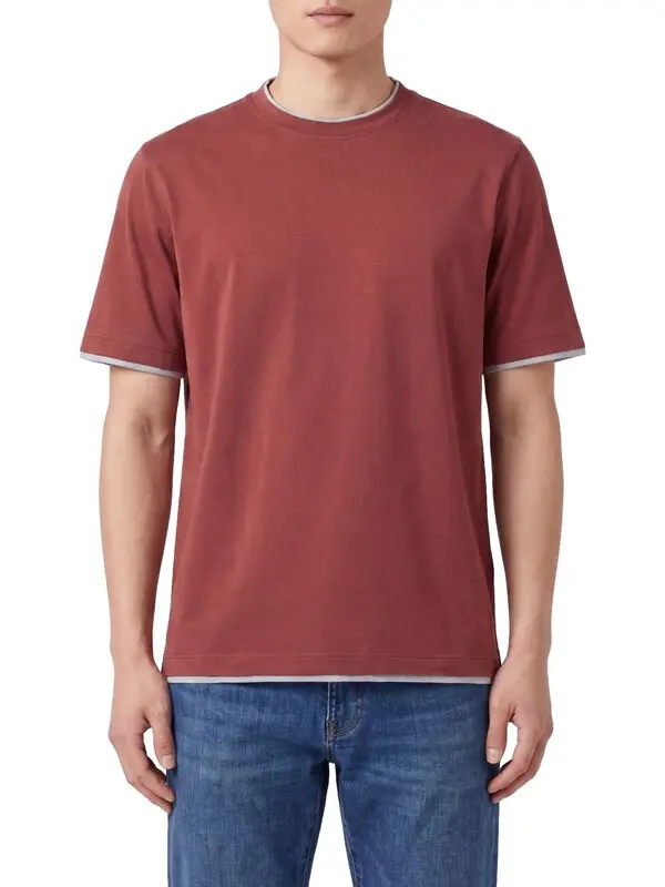 Brunello Cucinelli Crewneck Cotton T-shirt With Contrast Trims - Red