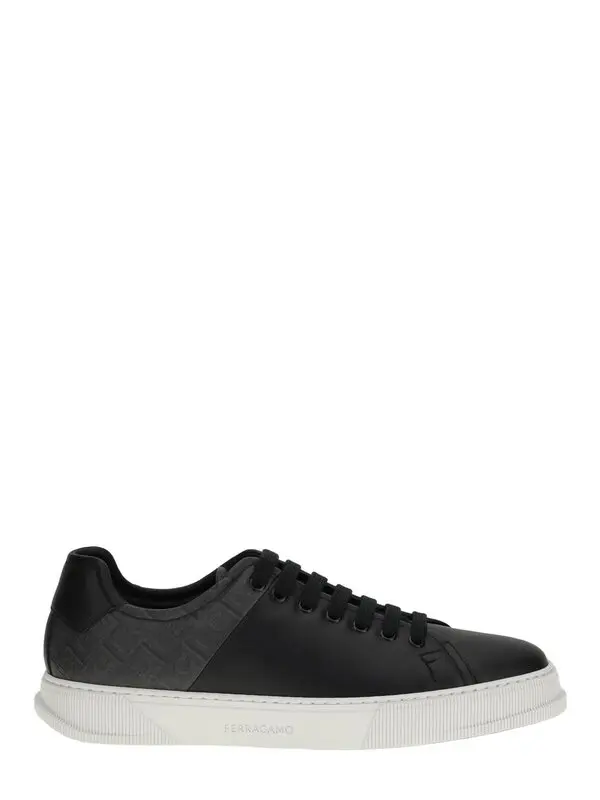FERRAGAMO Smooth And Saffiano Calf Leather Low Top Sneakers - Black