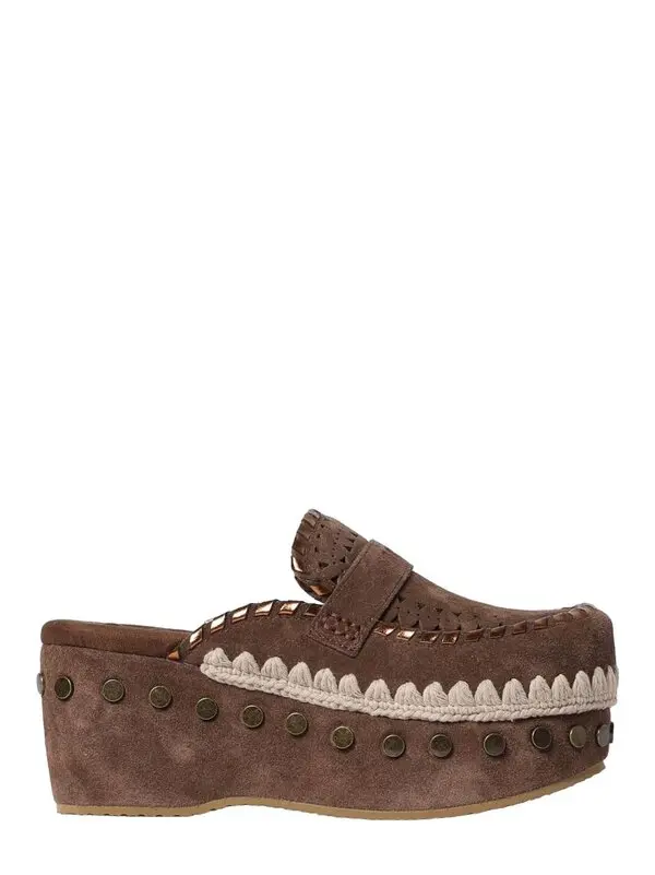 Mou Overstitching Suede Clogs With Wedge Heel - Brown