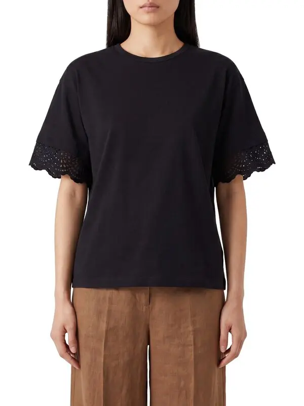 Alberta Ferretti Short Sleeve Cotton T-shirt With Embroidered Detail - Black