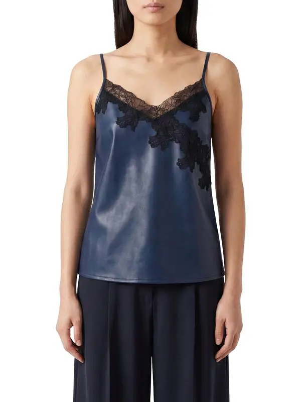 Patrizia Pepe Evening Top With Lace Inserts And Spaghetti Straps - Blue