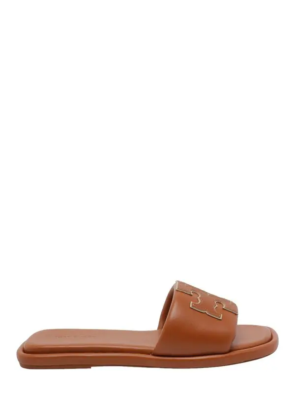 Tory Burch Double T Sport Smooth Leather Slide Sandals - Brown