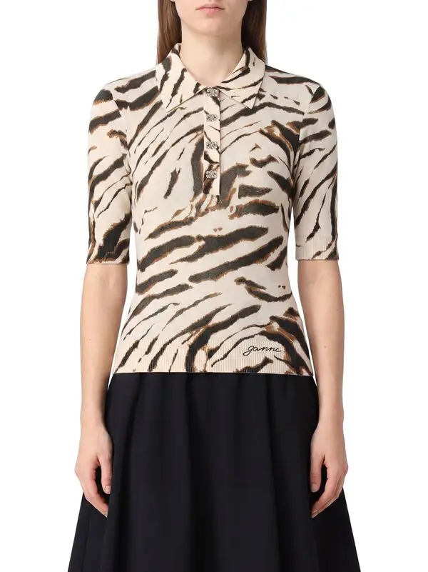 GANNI Zebra-print Organic Cotton-blend Knit Polo - Beige