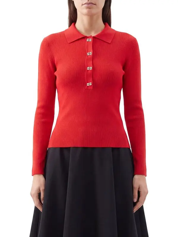 GANNI Butterfly Logo Ribbed Knit Wool Polo - Red