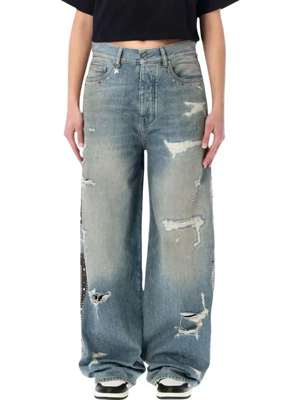 Amiri Embellished Distressed Wide Leg Jeans - Blue
