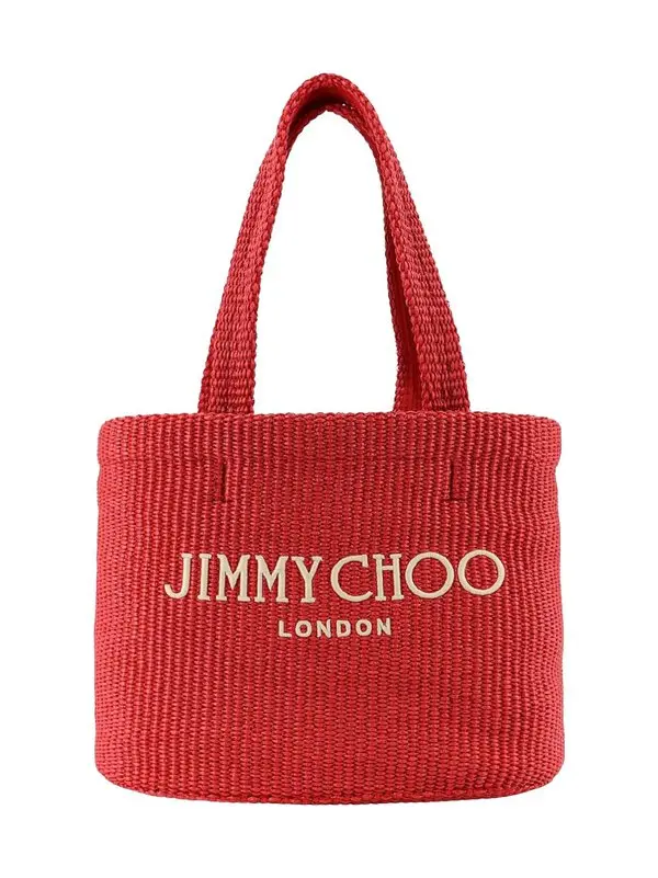JIMMY CHOO Beach Tote East-west Raffia Bag With Embroidered Logo - Ruby
