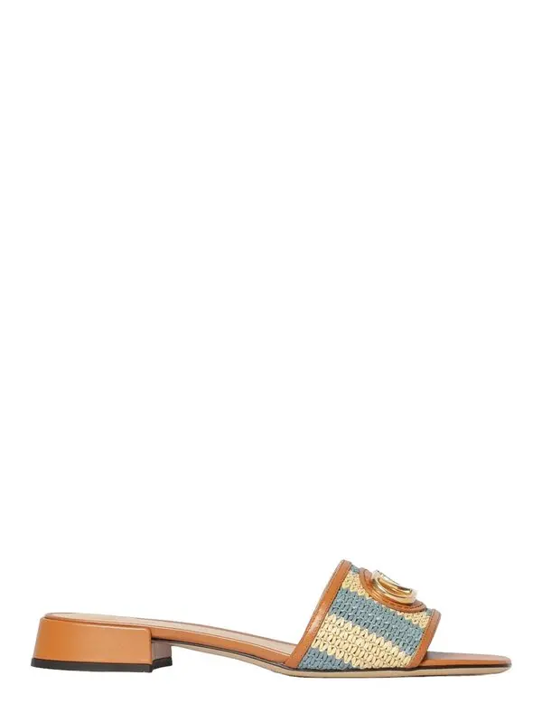 Valentino Garavani Vlogo Signature Striped Raffia And Leather Mules - Gnawed Blue