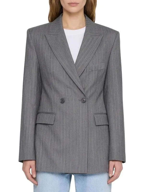 ANINE BING Double-breasted Striped Wool Blend Blazer - Grey