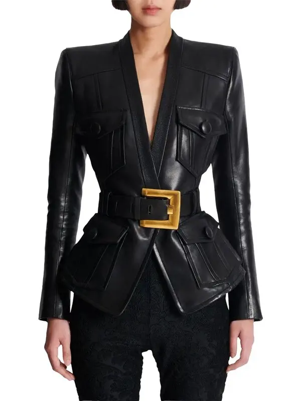 Balmain Cropped Leather Jacket With Belt And Padded Shoulders - Black