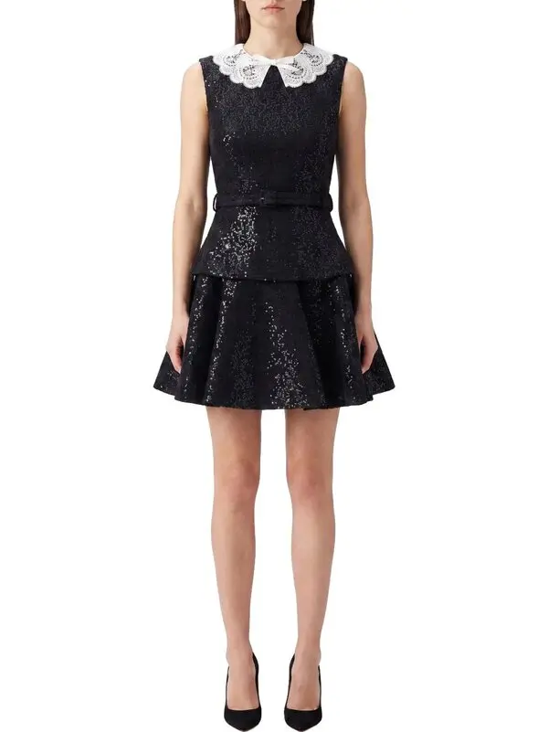 SELF-PORTRAIT A-line Wool Bouclé Mini Dress With Lace And Sequins - Black