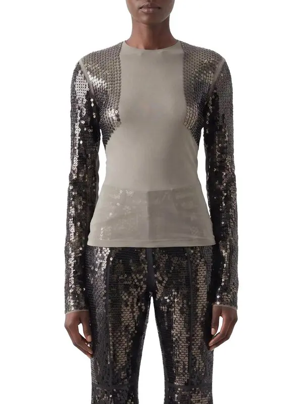 Rick Owens Long Sleeve Sequin Embellished Crew Neck Top - Grey