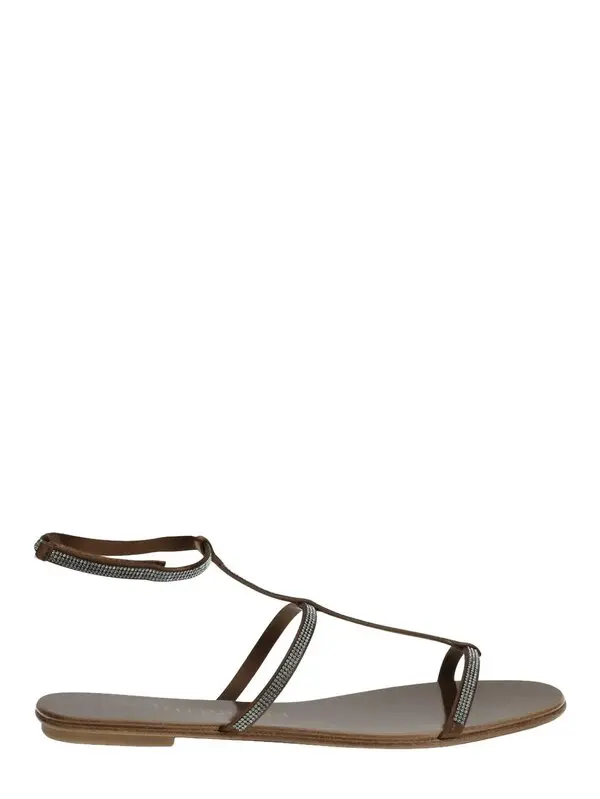 PEDRO GARCIA Suede Calfskin Sandals With Rhinestones And Adjustable Ankle Strap - Brown