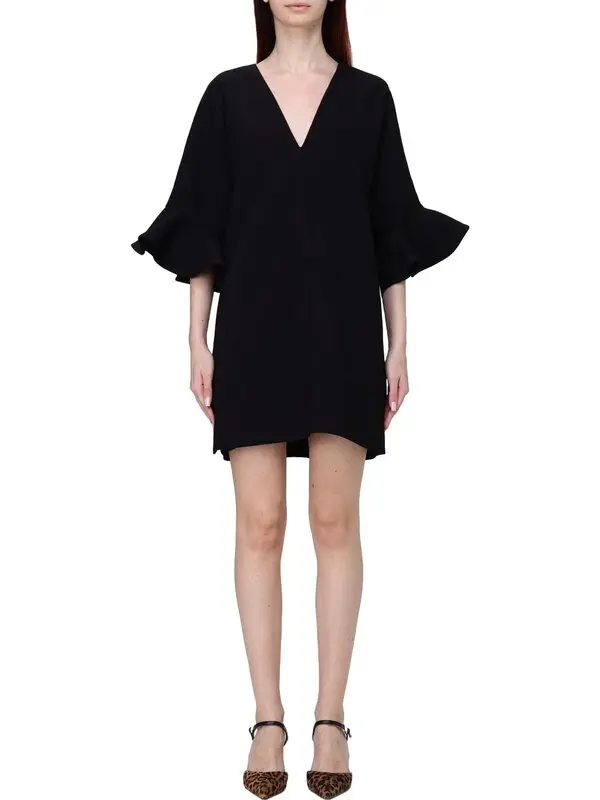 GANNI Crêpe Mini Dress With V-neckline And Short Sleeves - Black