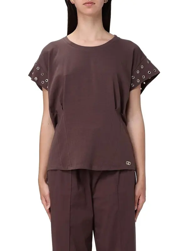 Liu Jo Cotton T-shirt With Metal Eyelets And Embroidery - Mud