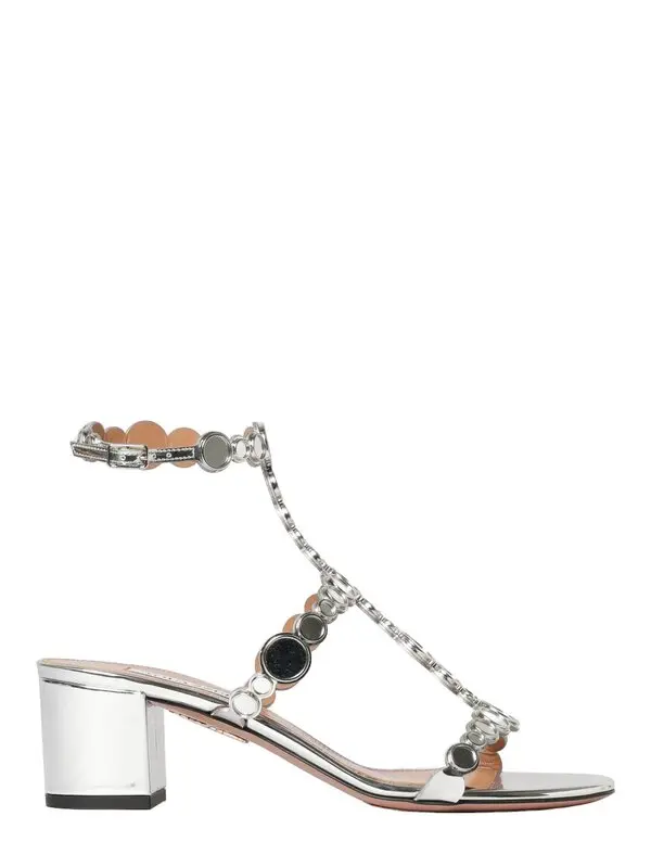 AQUAZZURA Afterglow Sandal In Laminated Patent Leather With Flat Studs - Silver