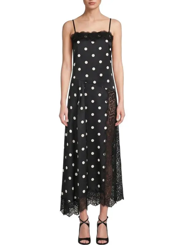 Sportmax Capo Polka Dot Silk Midi Dress With Lace Inserts - Black