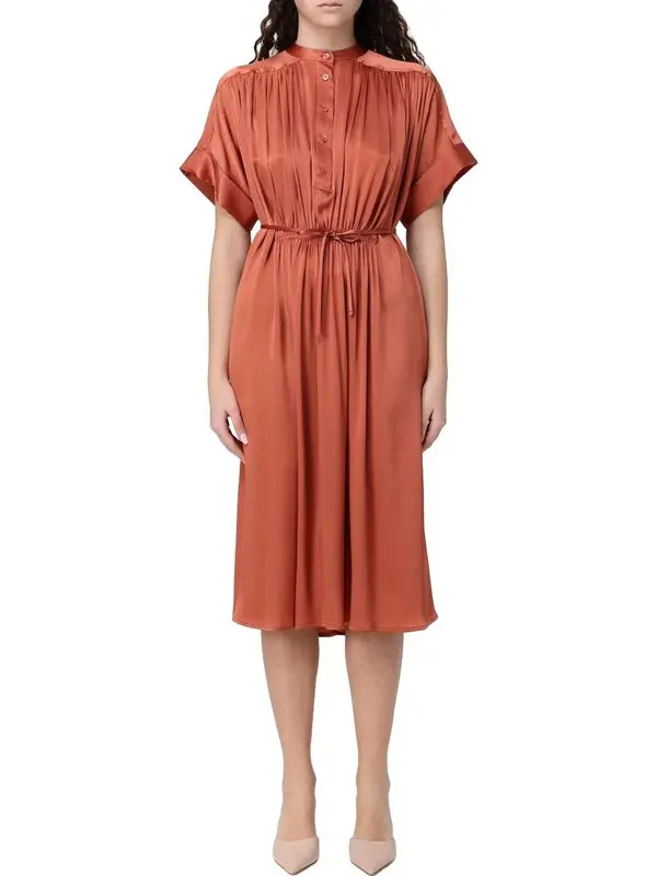 SEMICOUTURE Midi Shirt Dress With Mandarin Collar And Belted Waist - Brown