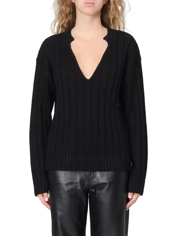 Patrizia Pepe Ribbed V-neck Pullover - Black