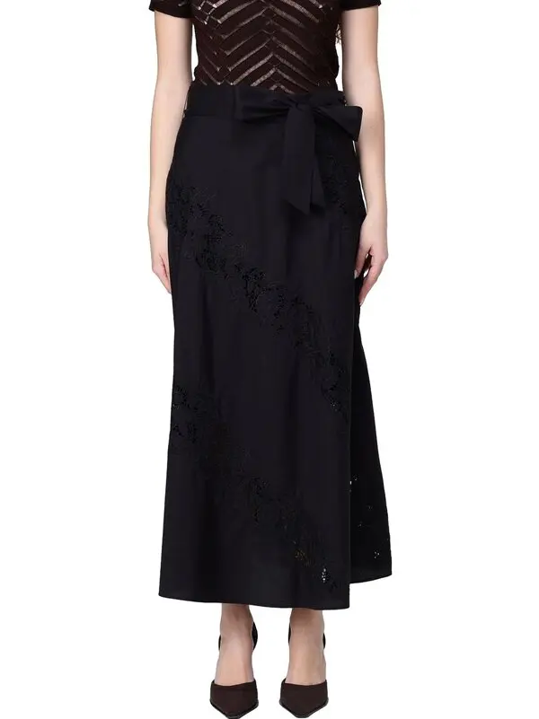 TWINSET Cotton Midi Skirt With Macramé Inserts And Sash Belt - Black
