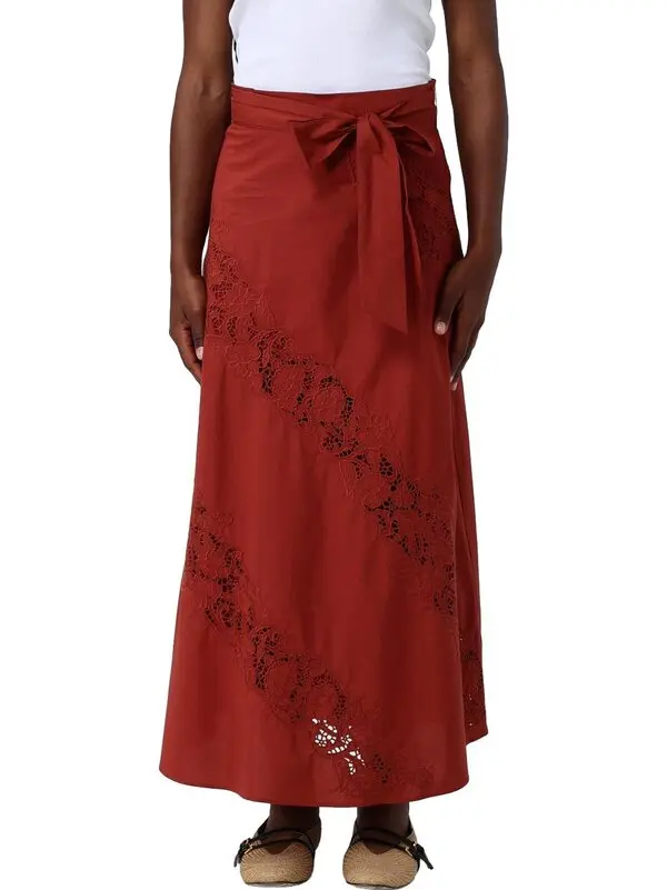 TWINSET Cotton Midi Skirt With Macramé Inserts And Sash Belt - Brown