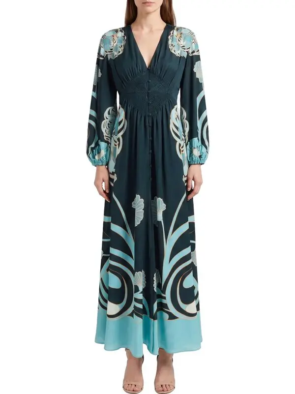 La DoubleJ Floral Print Silk Midi Shirtdress With Balloon Sleeves - Green