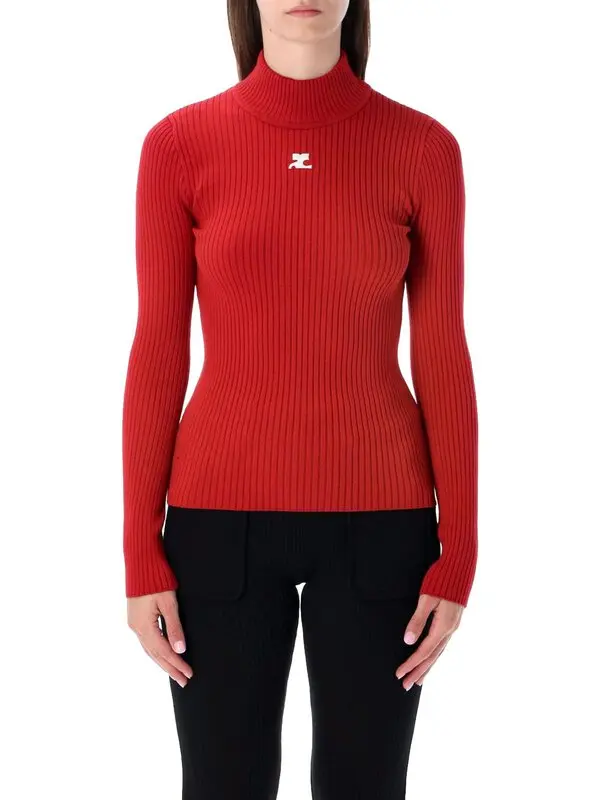 COURREGES Ribbed Turtleneck Top With Emblem - Red