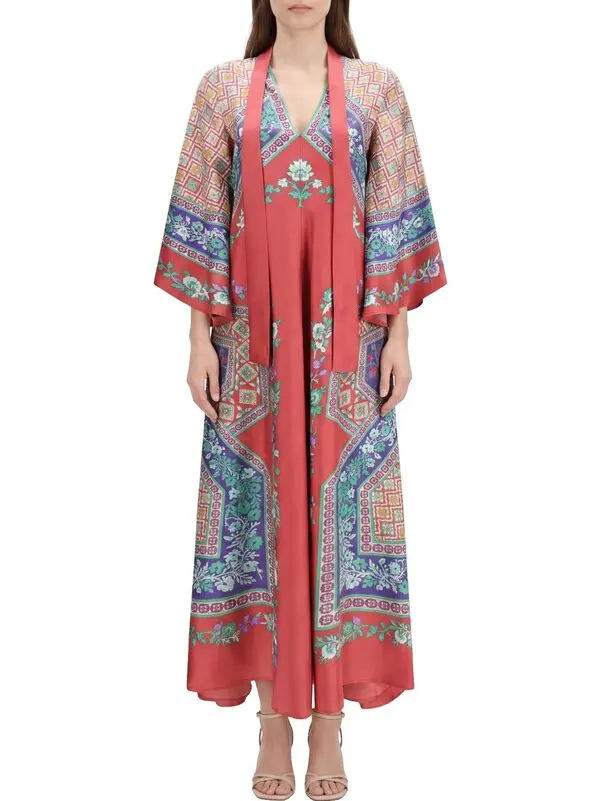 La DoubleJ Pure Silk Midi Kaftan With Ethnic Print - Red