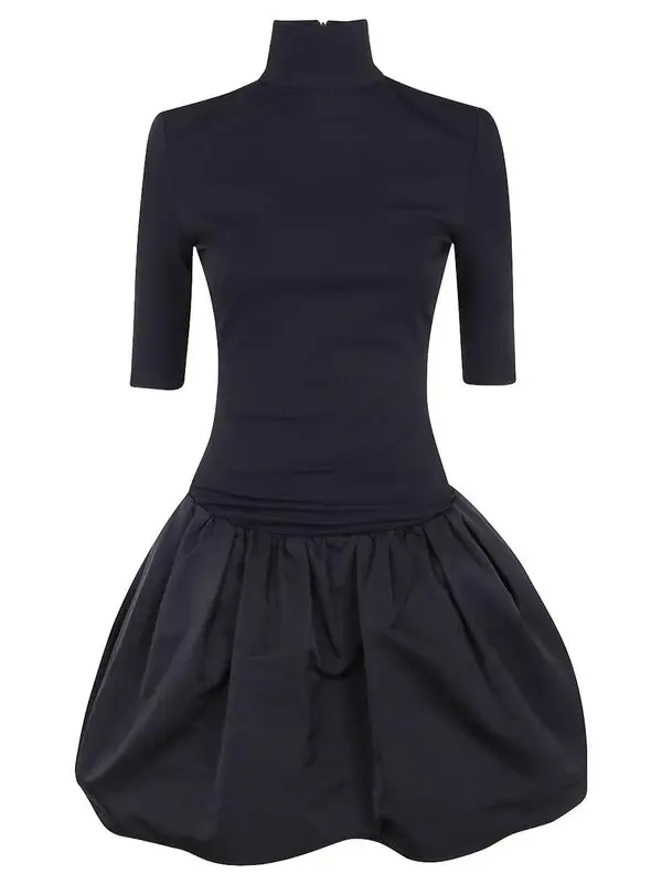 Magda Butrym High Neck 3/4 Sleeve Dress With Gathered Waist And Voluminous Skirt - Black