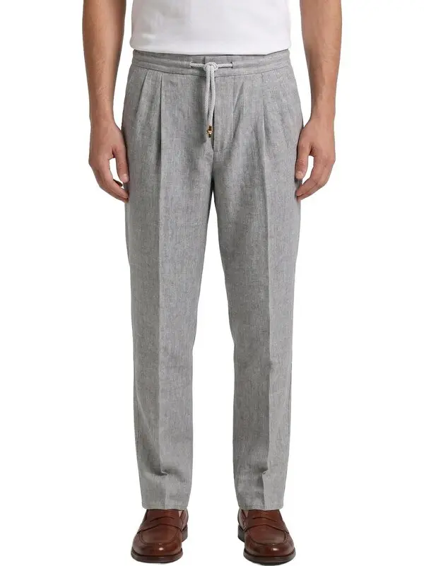 Brunello Cucinelli Drawstring Trousers In Linen And Virgin Wool - Grey