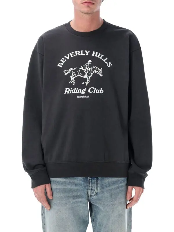 SPORTY & RICH Printed Cotton Crewneck Sweatshirt - Black