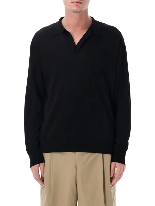 ROBERTO COLLINA Long-sleeved Cotton-blend Knit Polo Shirt - Black