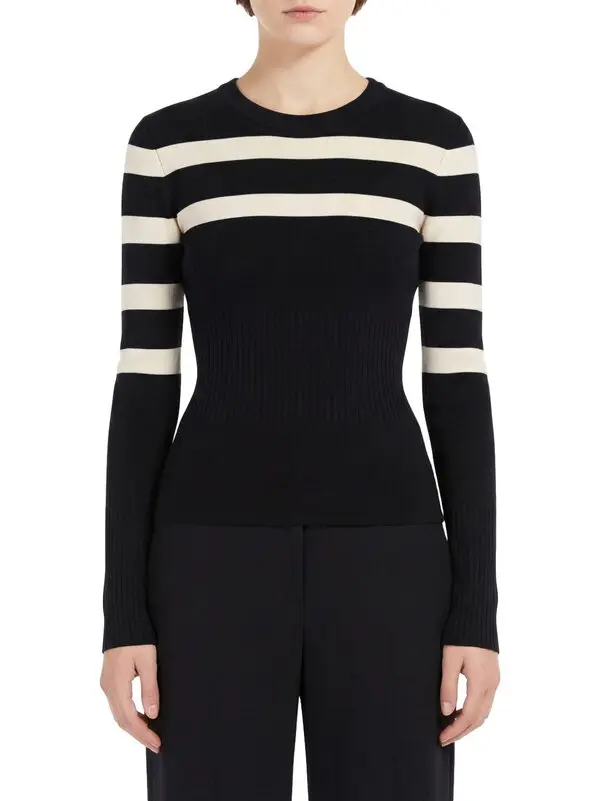 Patrizia Pepe Striped Viscose Blend Crewneck Sweater - Black