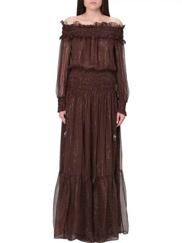 SELF-PORTRAIT Off-the-shoulder Maxi Dress With Metallic Stripes - Brown
