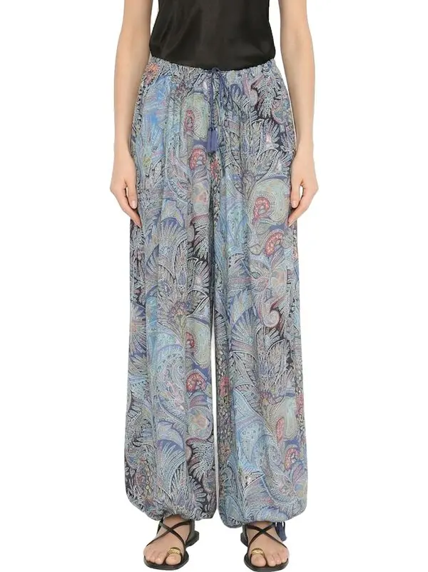 Etro Silk Blend Paisley Print Wide Leg Trousers - Blue