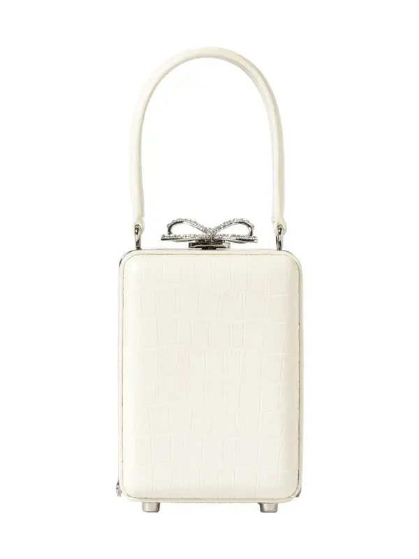 SELF-PORTRAIT Crocodile Print Leather Mini Handbag With Rhinestone Bow - Cream