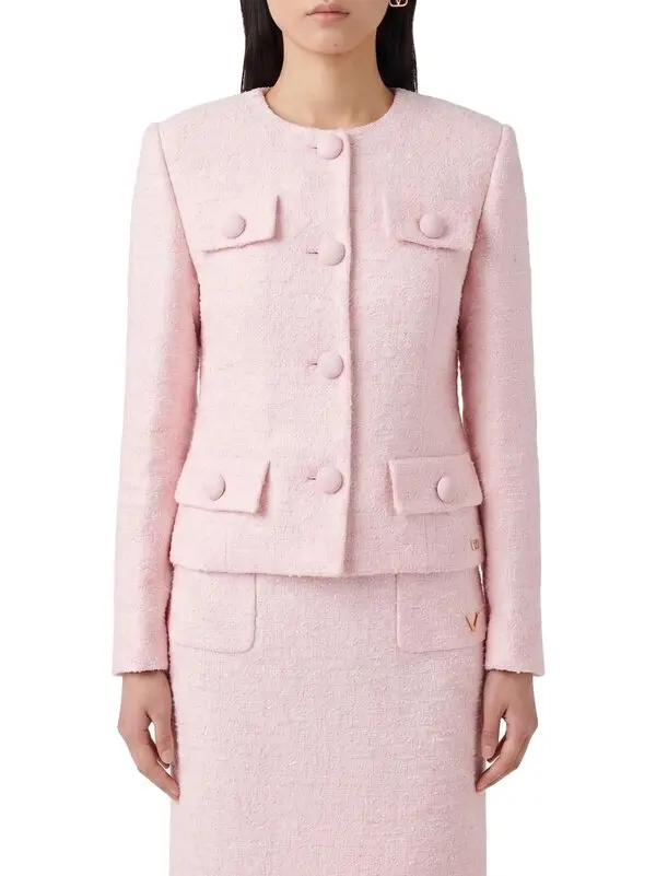 Valentino Garavani Cropped Slim Fit Tweed Blazer - Pink